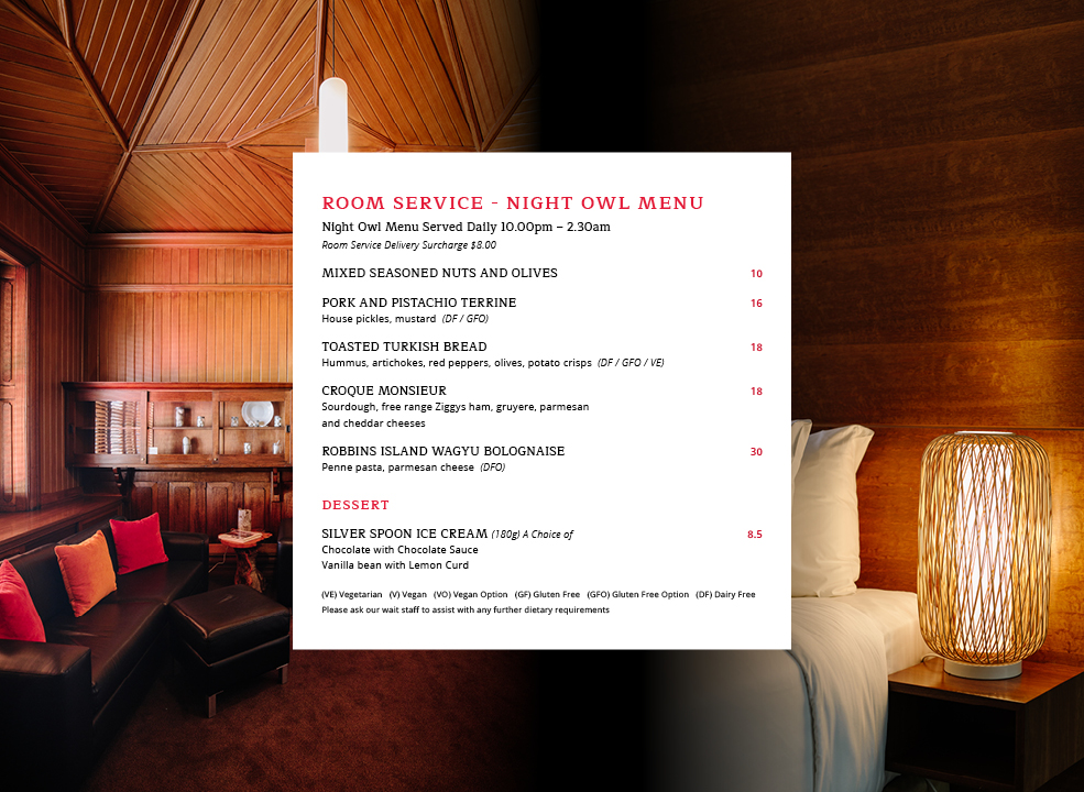 In-Room Dining - View Menu | Henry Jones Art Hotel